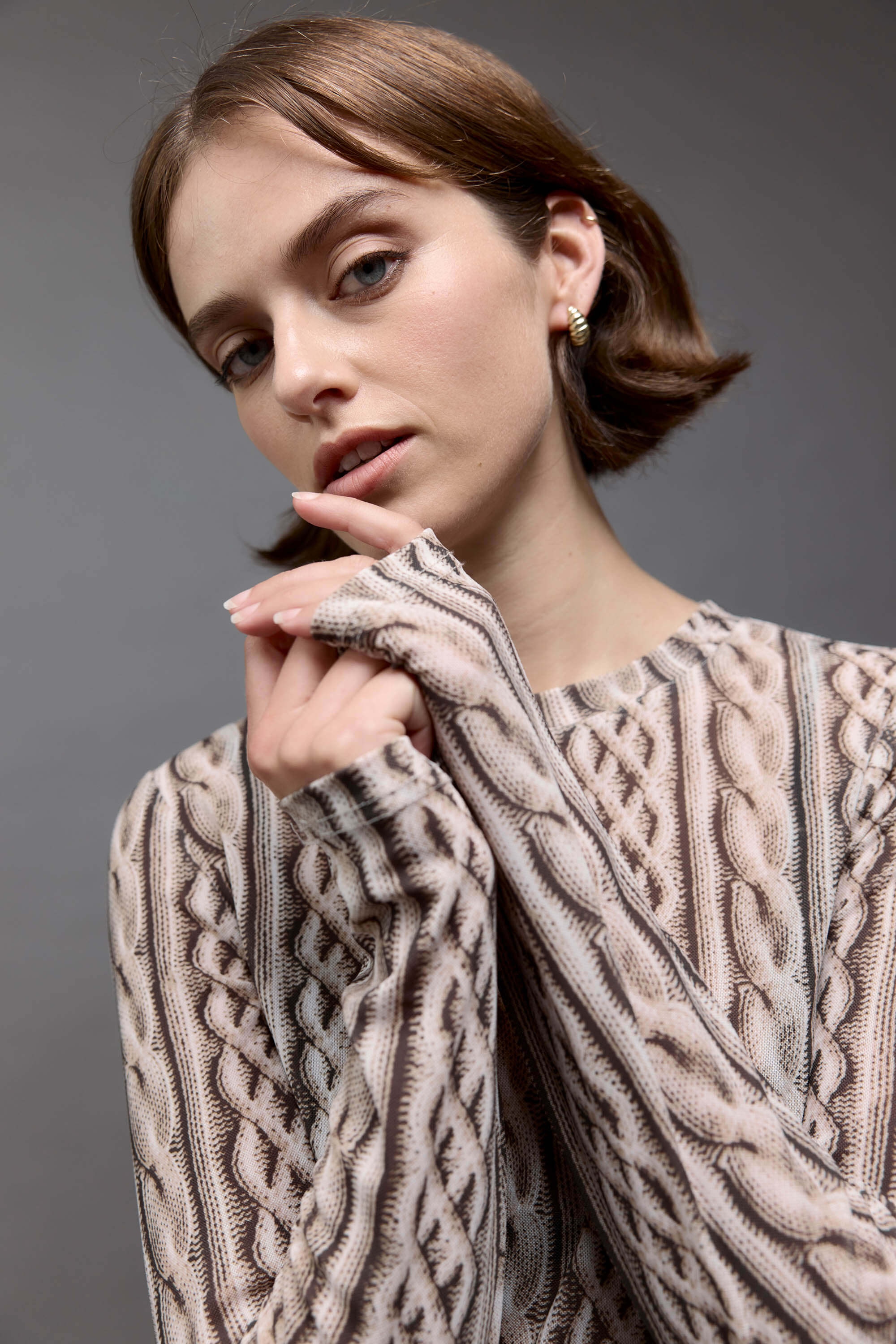 Shop Elise Long Sleeve Mesh Top (Cable Print) | Max