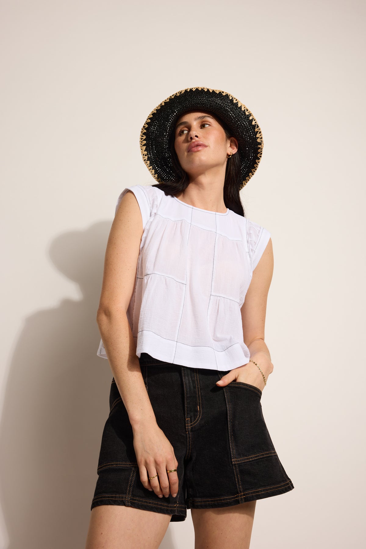 Shop Elsie Stitch Detail Shell Top (Ivory/Black) | Max
