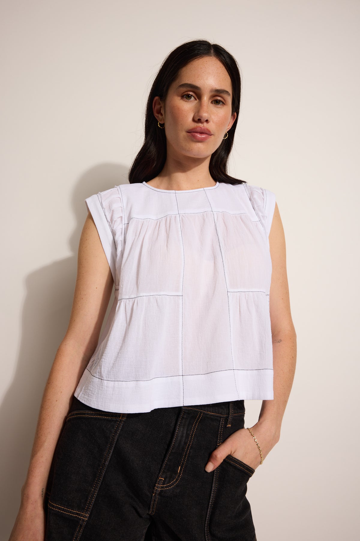 Shop Elsie Stitch Detail Shell Top (Ivory/Black) | Max