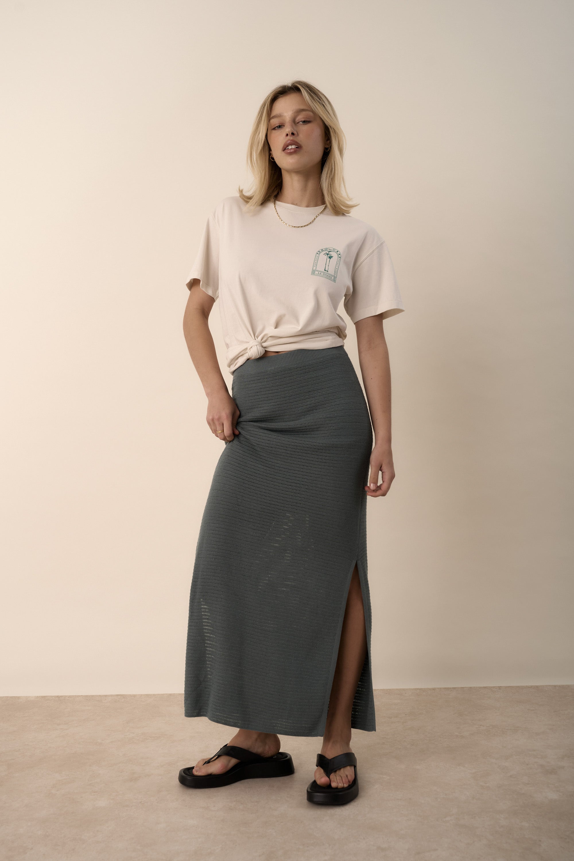 Shop Saylor Knitted Maxi Skirt (Ocean Moss) | Elementary