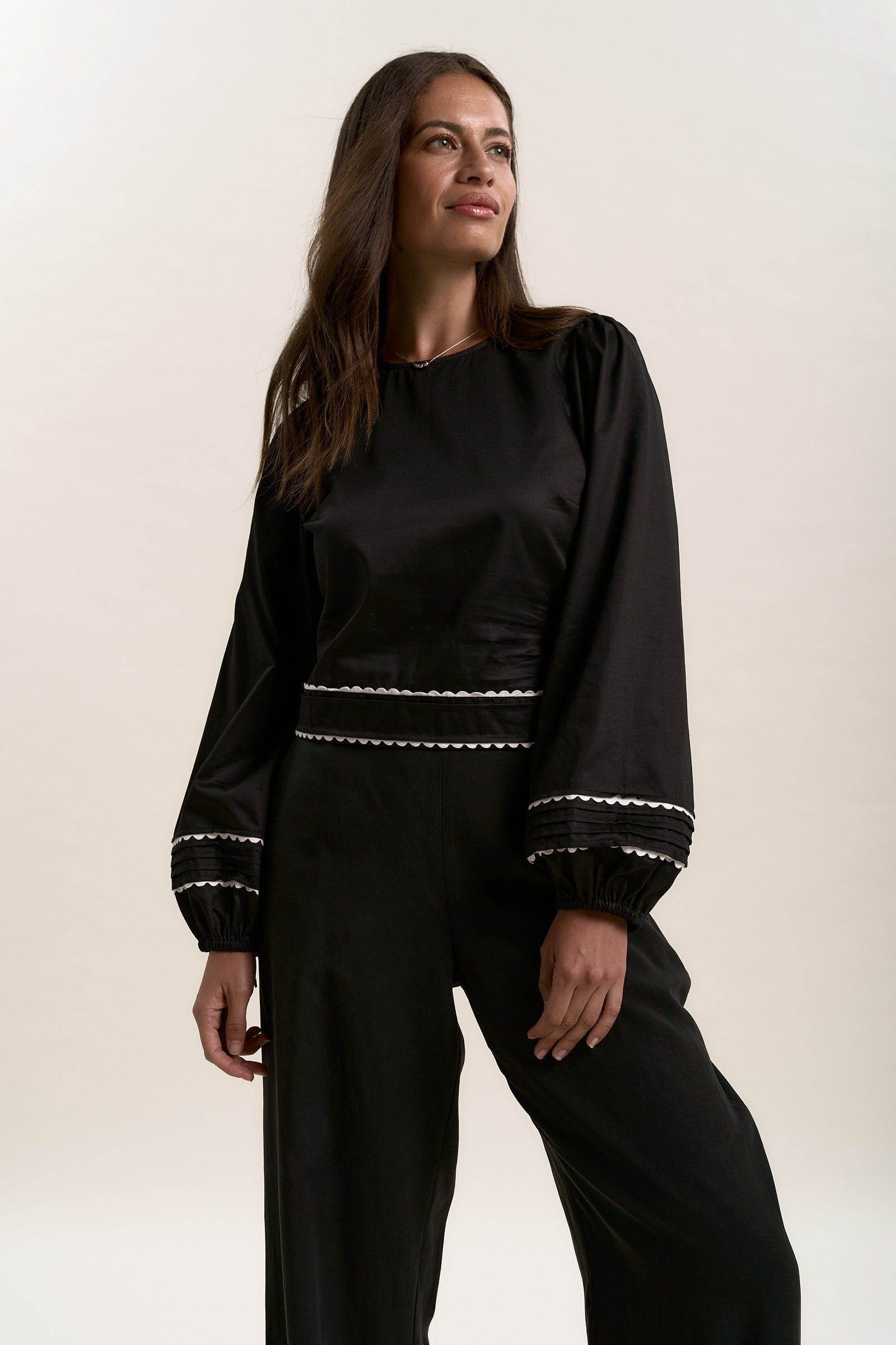 Shop Birdie Scallop Detail Top (Black/Ivory) | Max