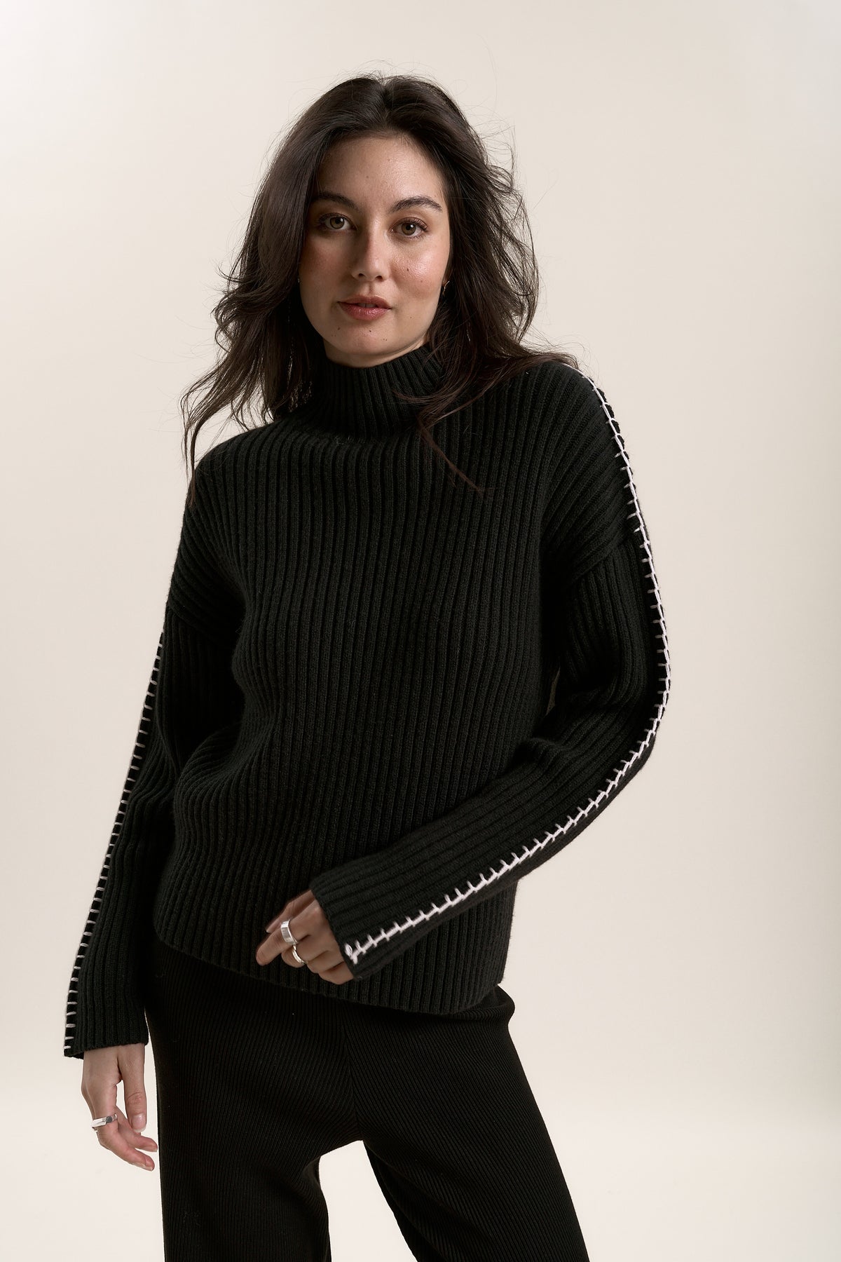 Shop Monica Funnel Neck Sweater (Black/Ivory) | Max