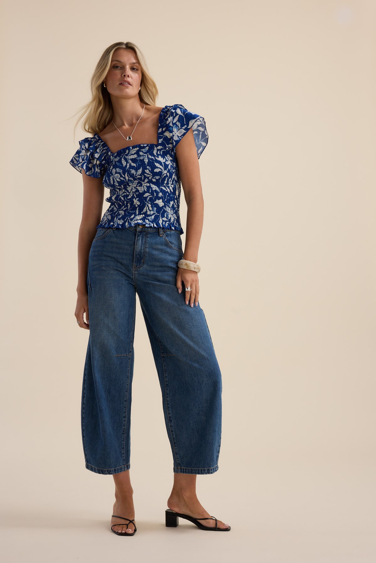 Shop Luna Shirred Frill Sleeve Top (Ocean Block Print) | Max