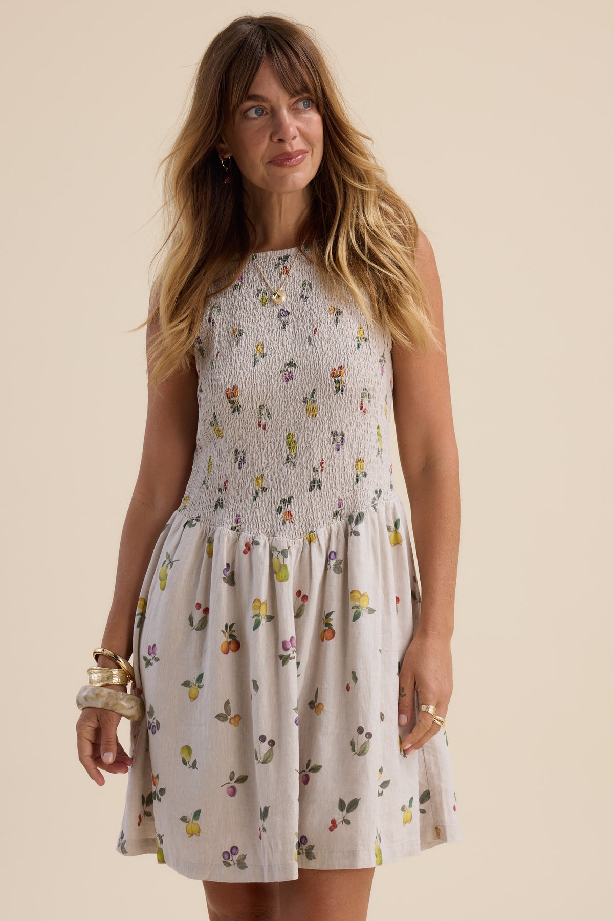 Shop The Linen Studio Shirred Drop Waist Dress (Tutti Frutti) | Max