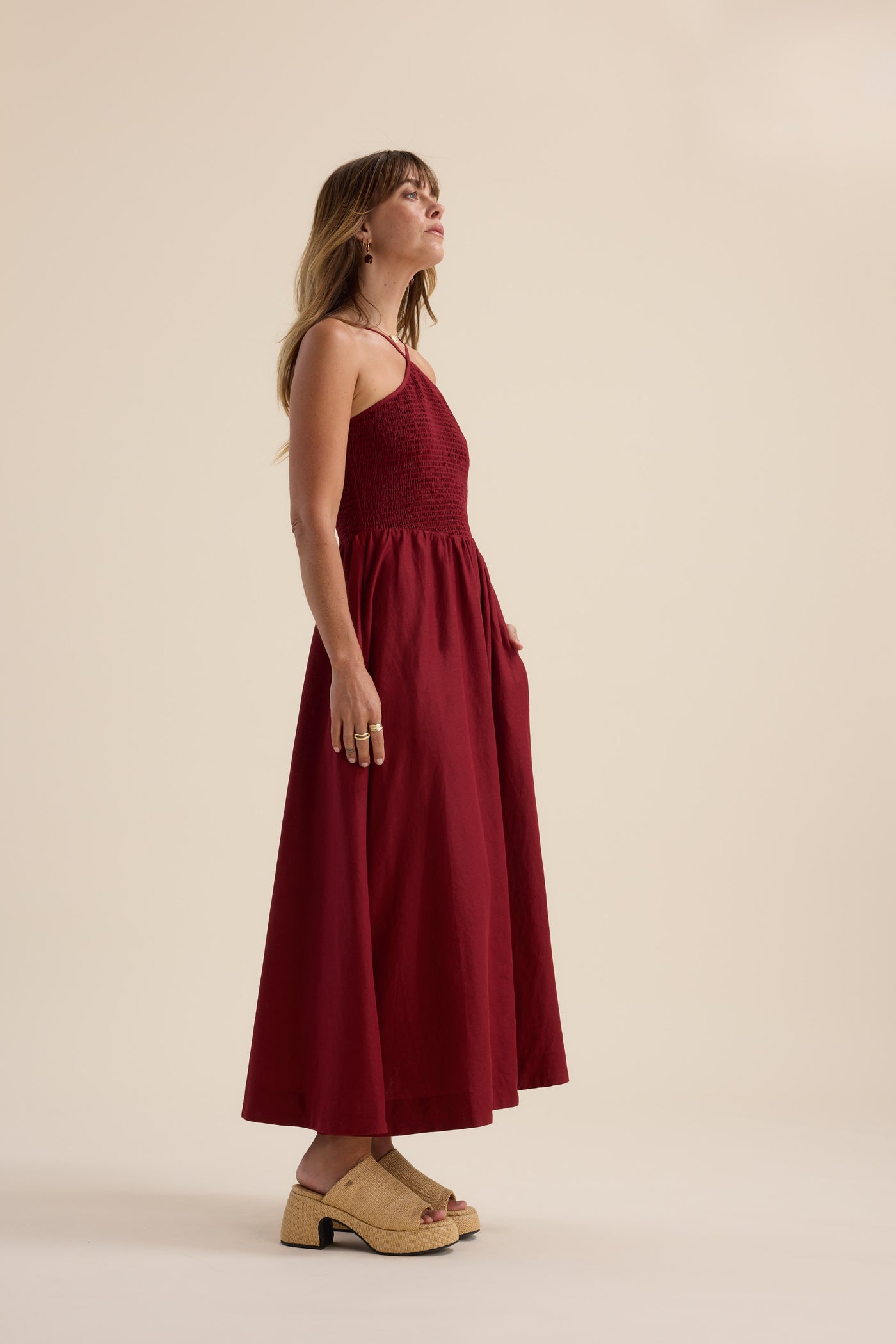 Shop The Linen Studio Shirred Halter Dress (Tuscan Ember) | Max