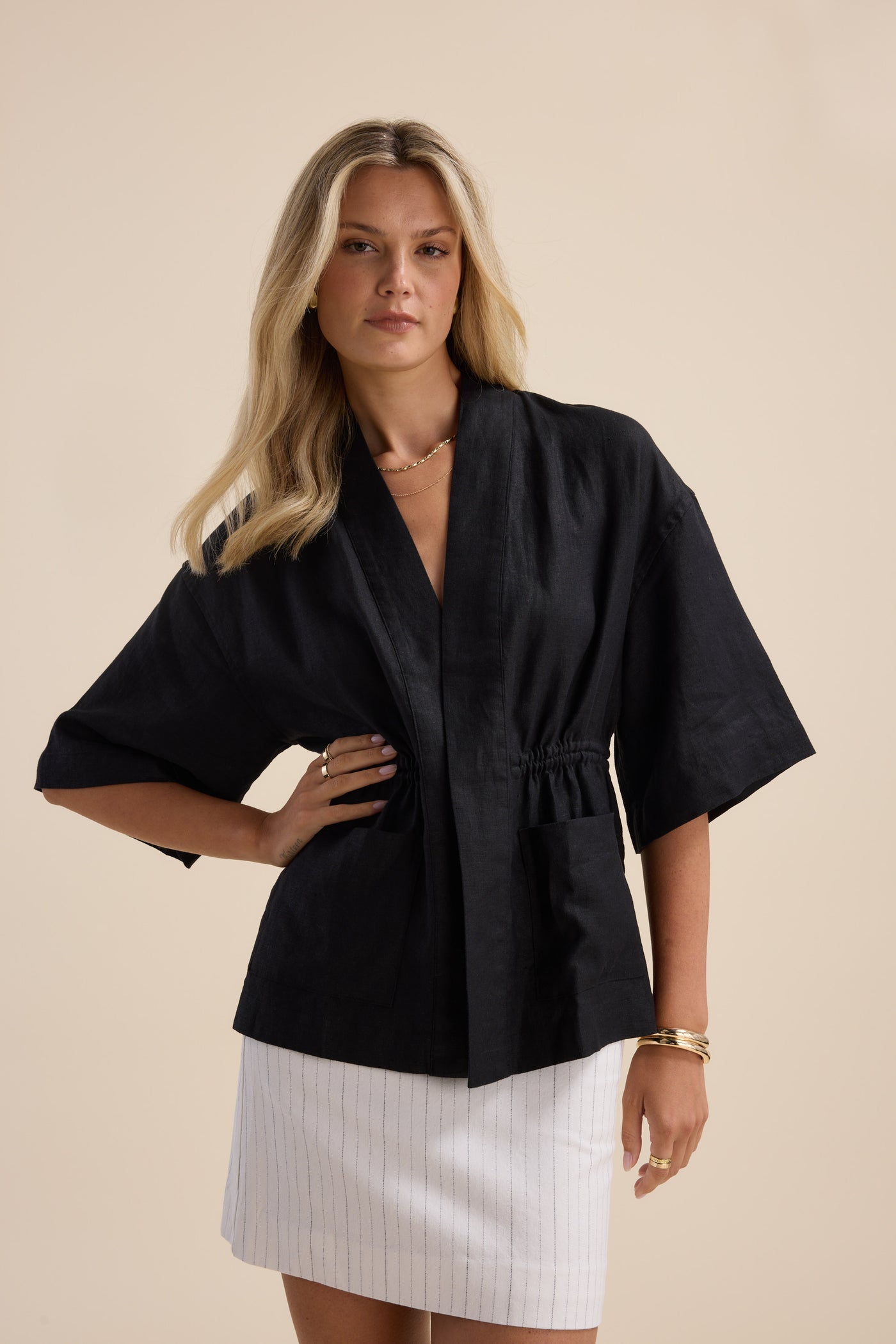 Shop The Linen Studio Gather Waist Jacket (Black) | Max