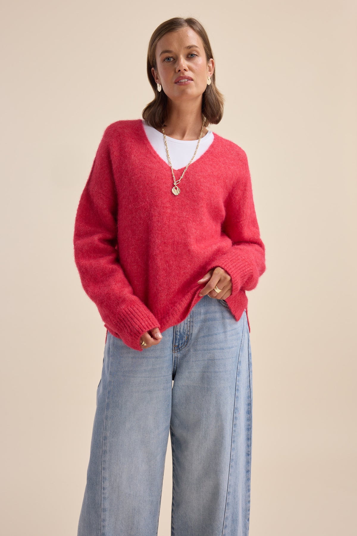 Shop The Luxe Whisper Relaxed V Neck (Hot Raspberry) | Max