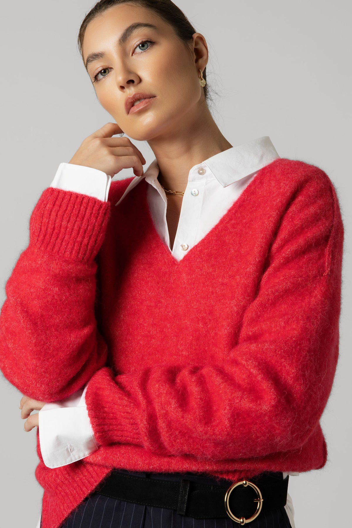 Shop The Luxe Whisper Relaxed V Neck (Hot Raspberry) | Max