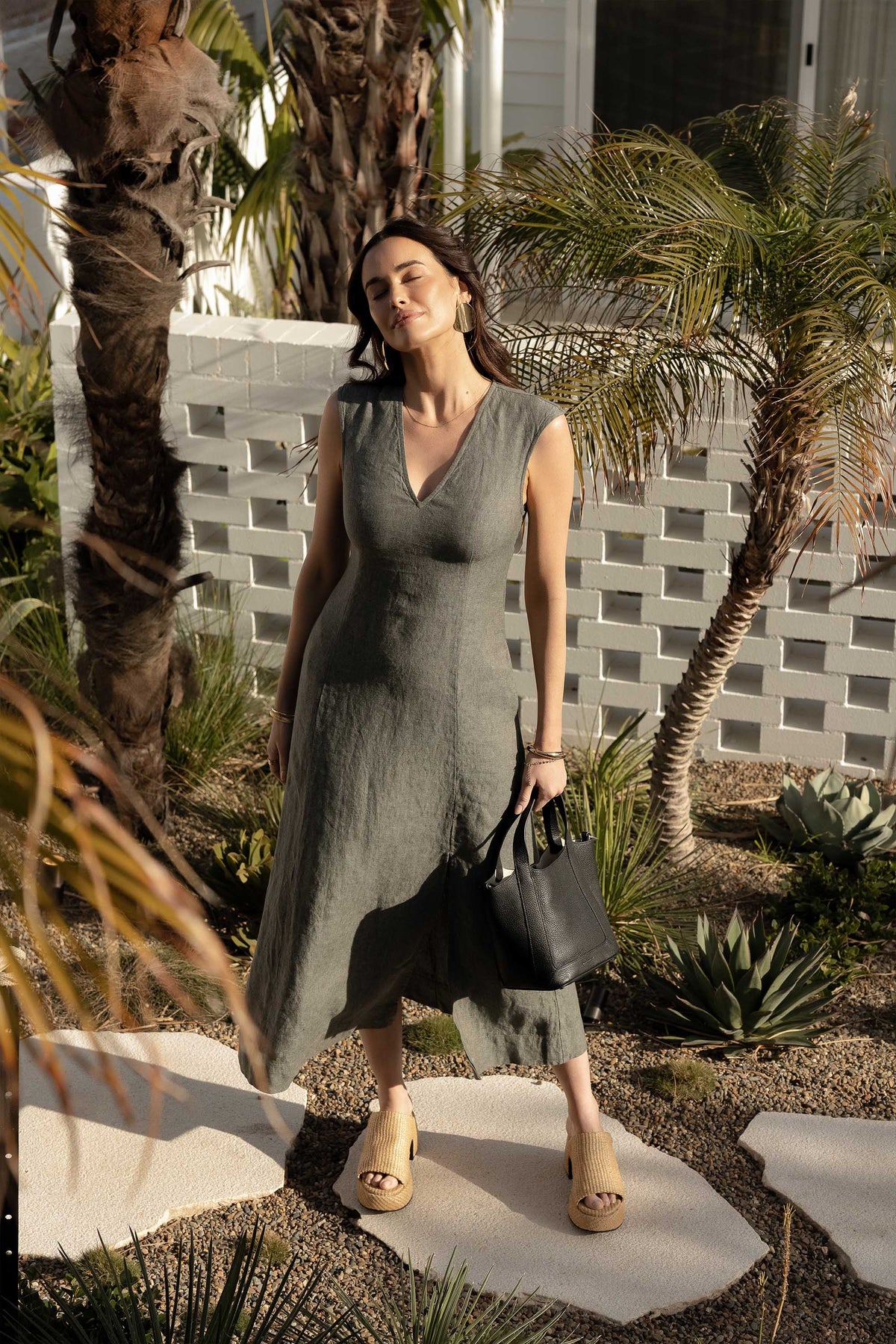 Shop Alice V Neck Linen Dress (Moss Green Marle) | Max