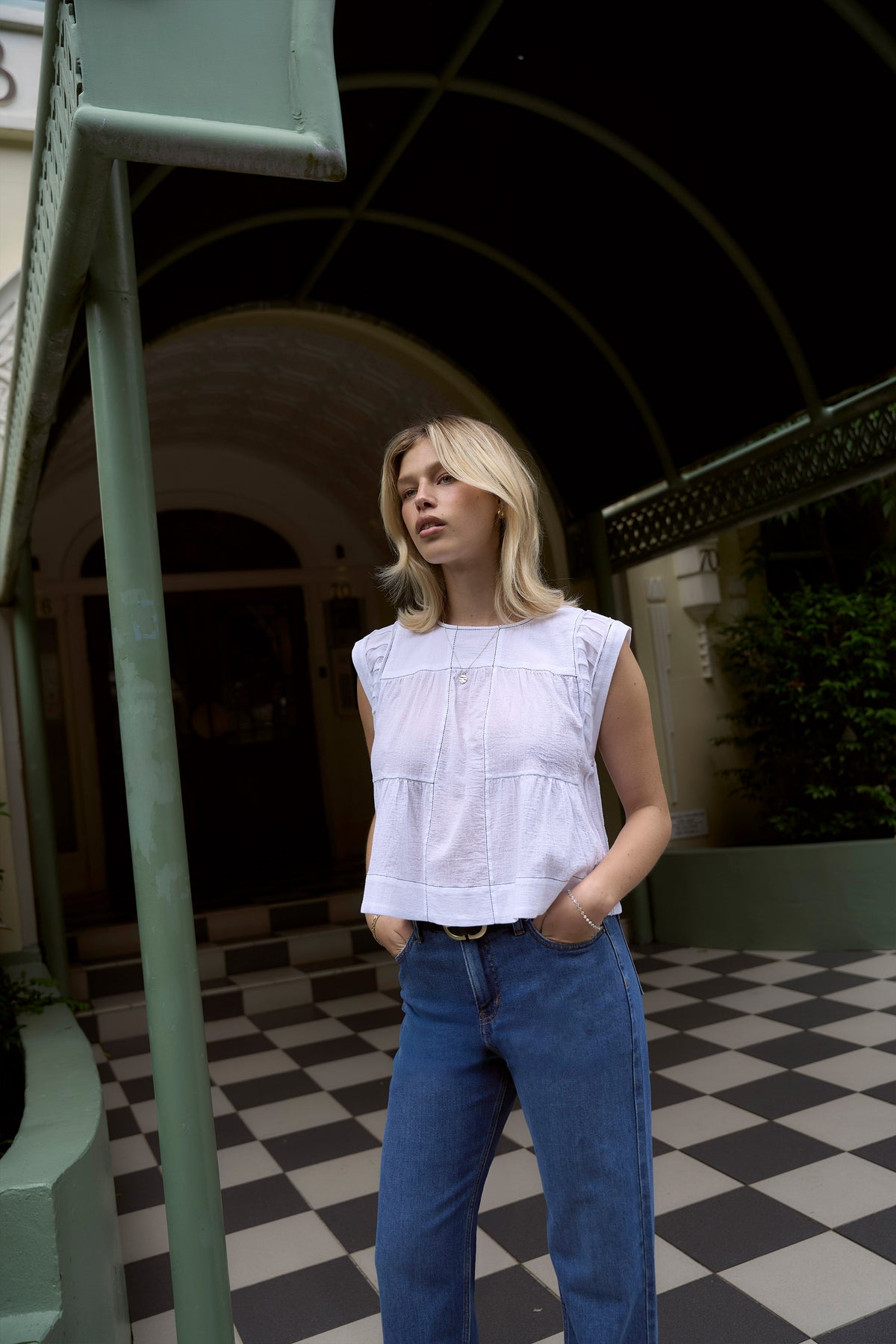 Shop Elsie Stitch Detail Shell Top (Ivory/Black) | Max